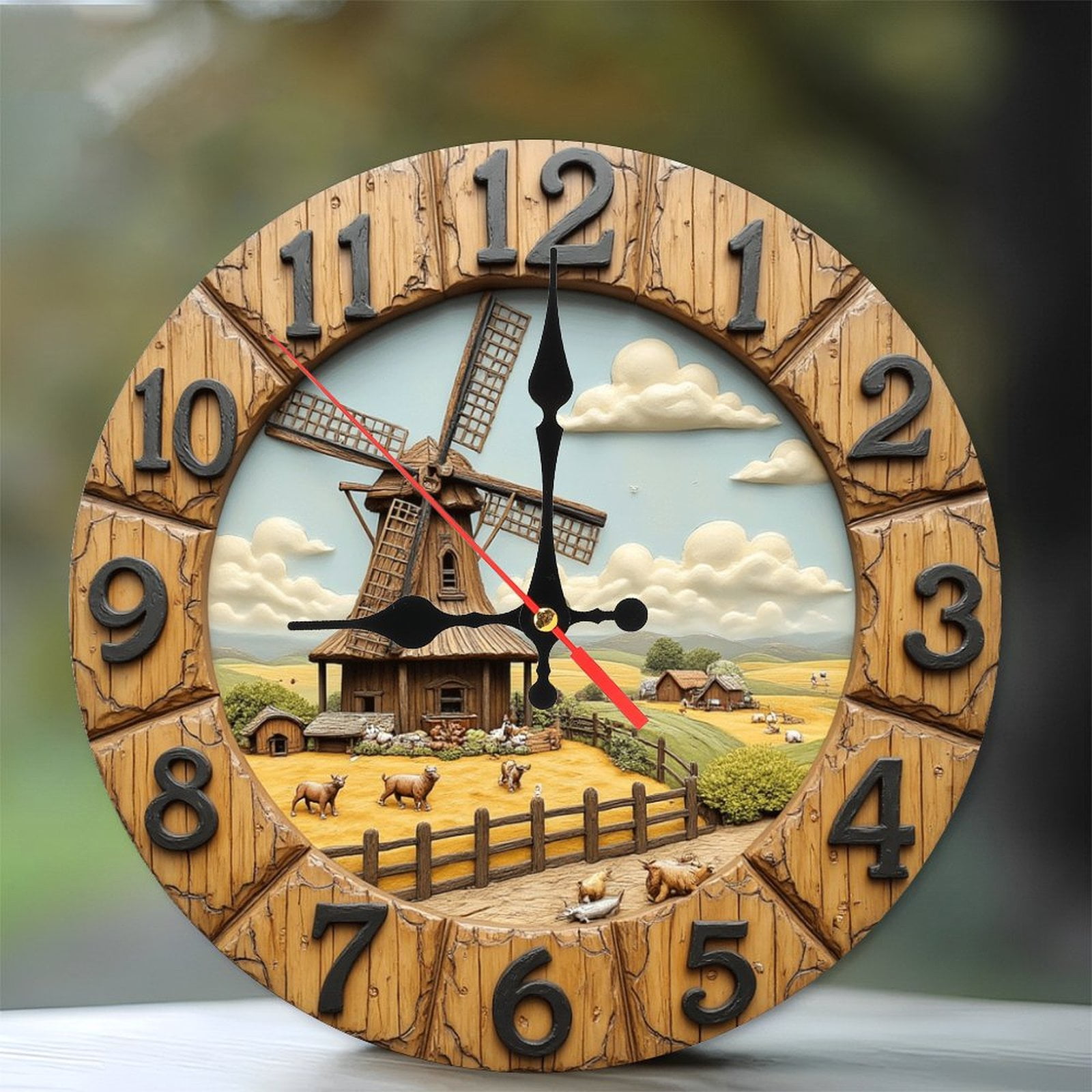 Wooden Windmill Rustic Farmhouse Clock Wall Art 10-Inch Silent Wooden ...