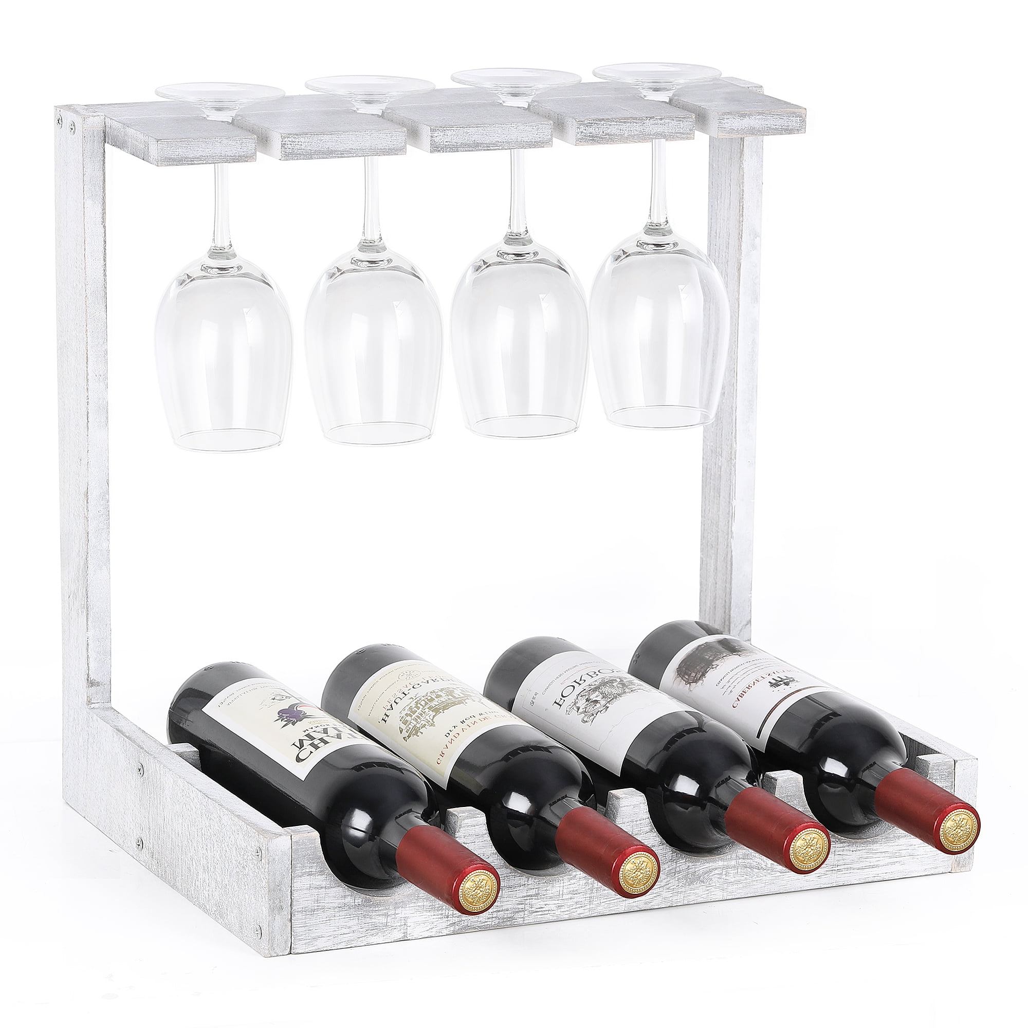 Wooden Wine Display For Kitchen (Holds 4 Bottles Of Wine And 4 Glasses ...
