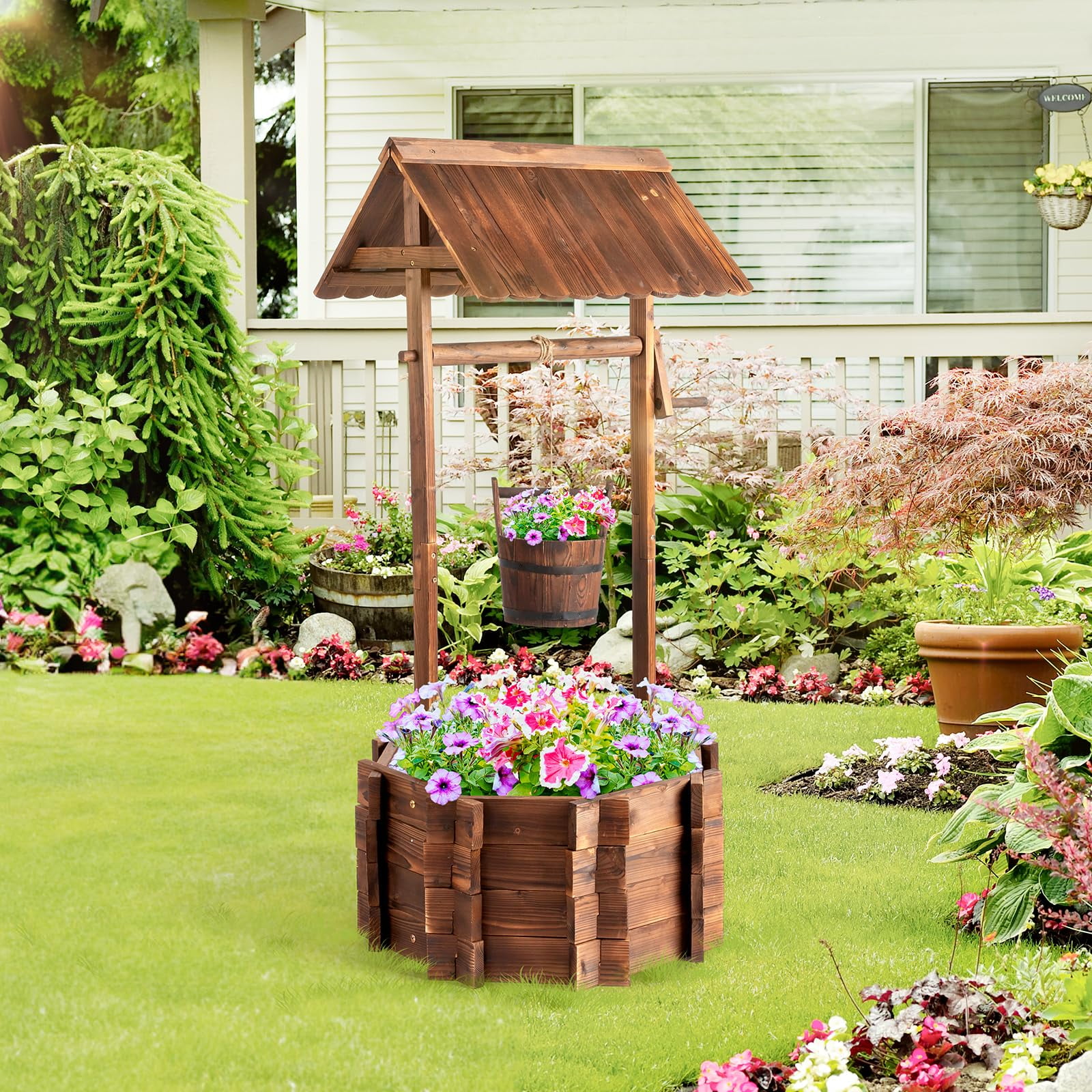 Wooden Wishing Well Outdoor Planters, Well Covers for Yard with ...