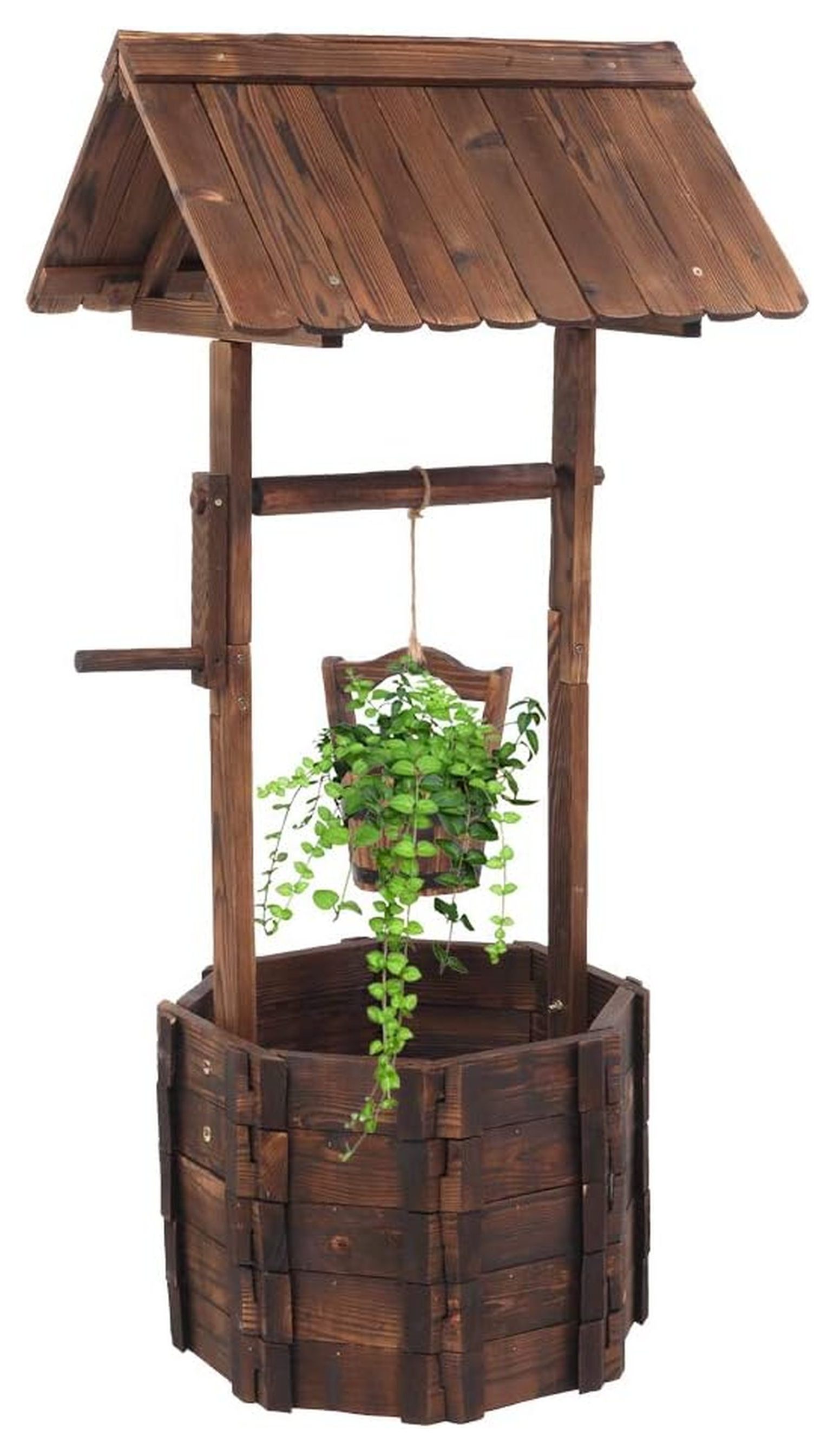 Wooden Wishing Well Planter - Rustic Outdoor Flower Pot with Hanging ...
