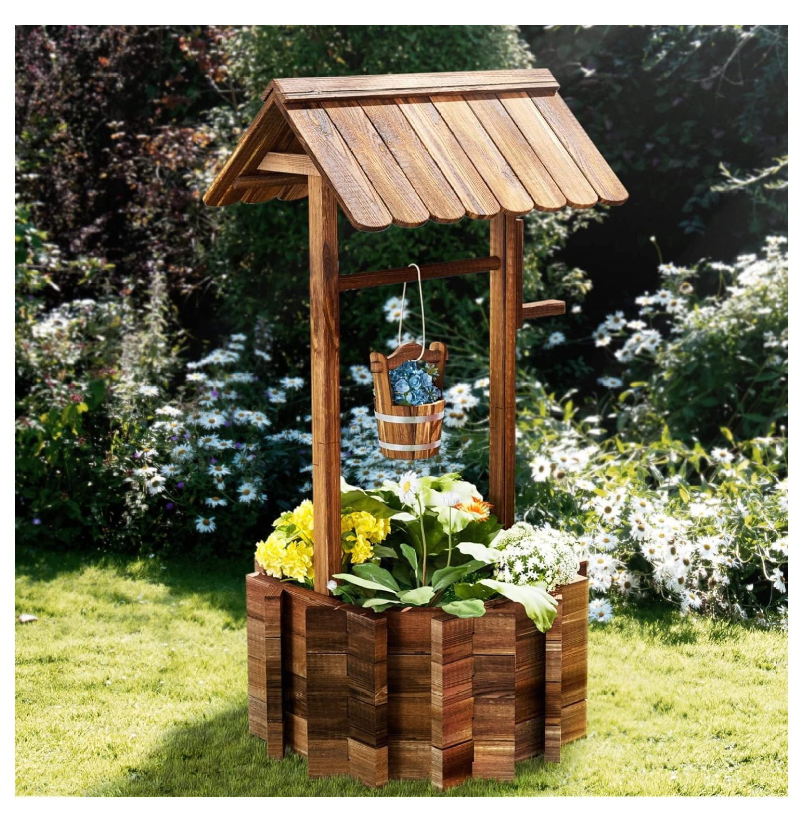 Wooden Wishing Well Planter for Outdoors with Hanging Bucket, Rustic ...