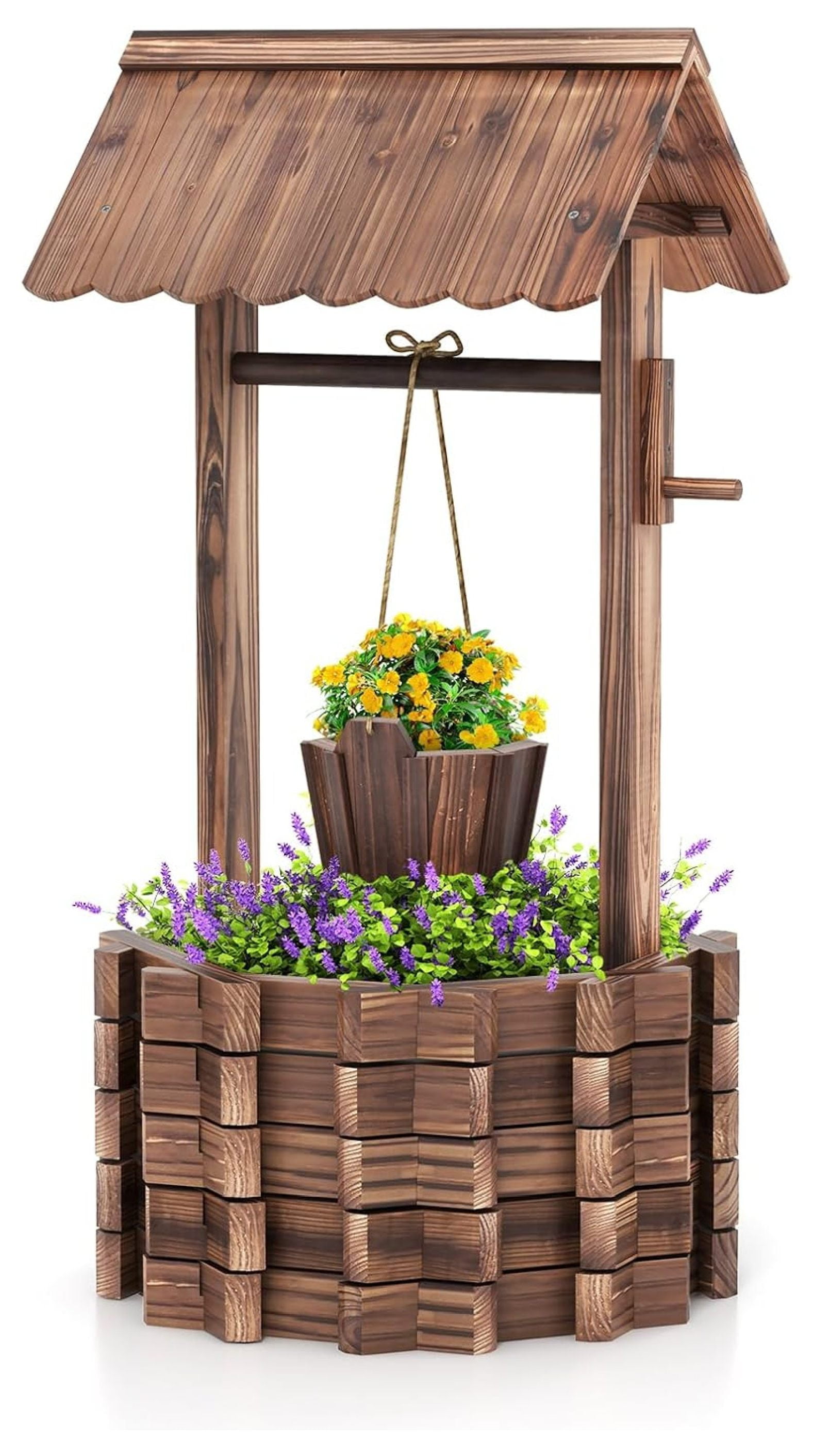 Wooden Wishing Well Planter with Hanging Bucket, Flower Plants Planter ...