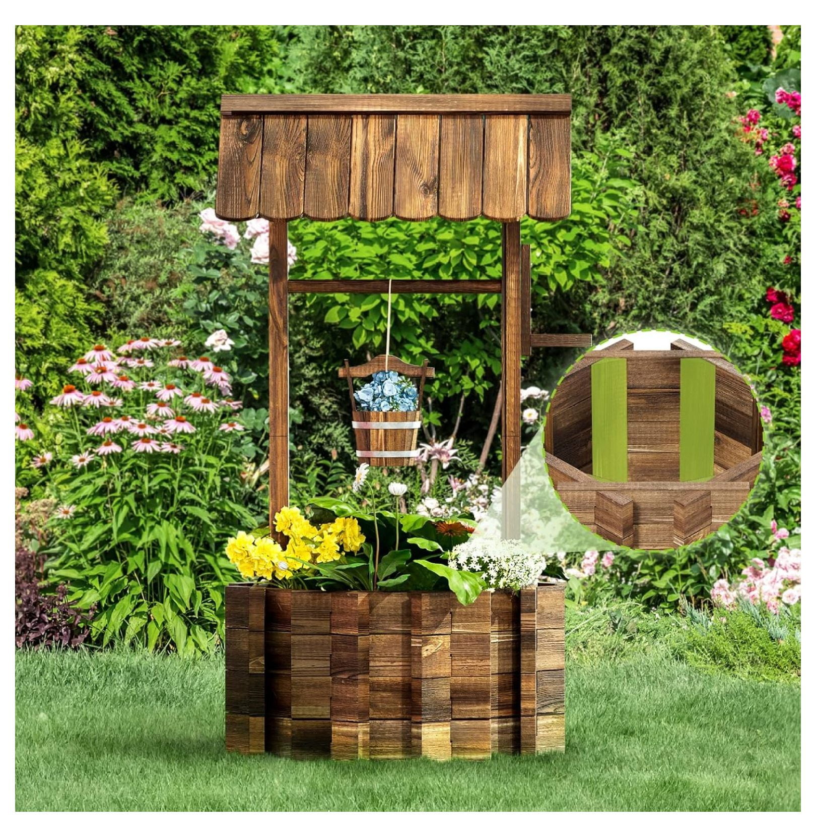 Wooden Wishing Well Planters with Hanging Bucket, Garden Helper, Rustic ...