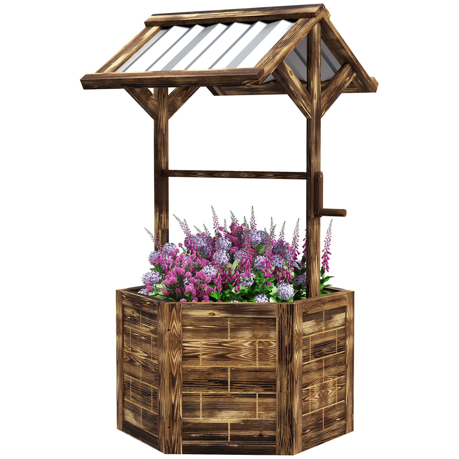 Wooden Wishing Well Raised Garden Bed with Galvanized Canopy Flower ...