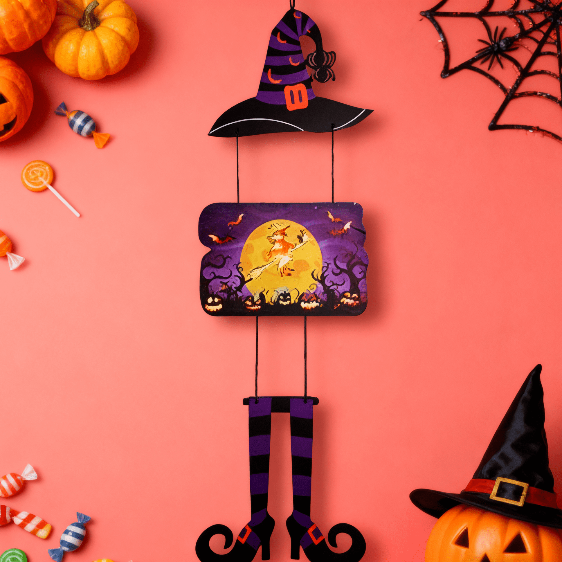 Wooden Witch Legs Hat Decor - Wacky Jiggly Halloween Hanging Happy ...