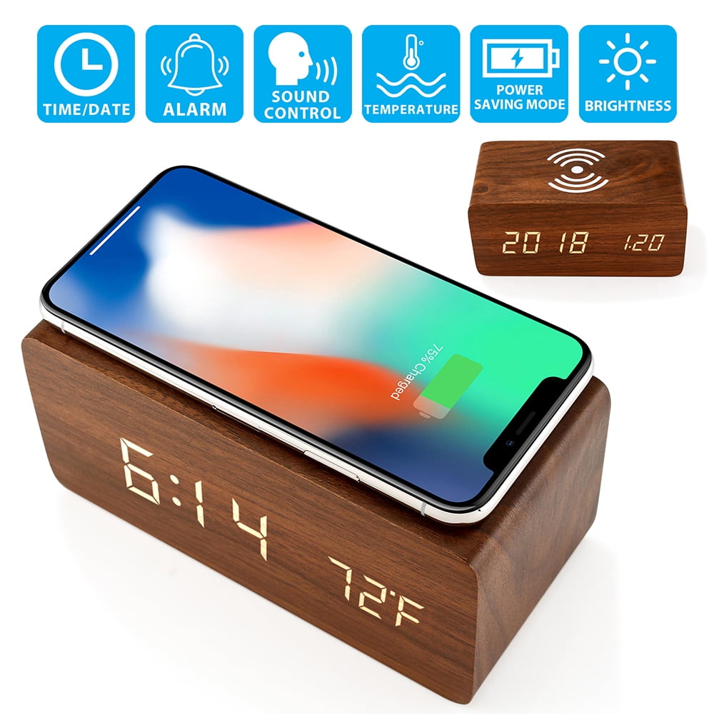 Wooden Wood Alarm Clock Qi Wireless Charging LED Sound Control Time ...