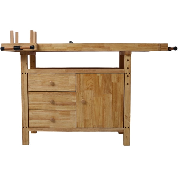 Wooden Workbench with Storage, Rubberwood Garage Workbench with 3 ...