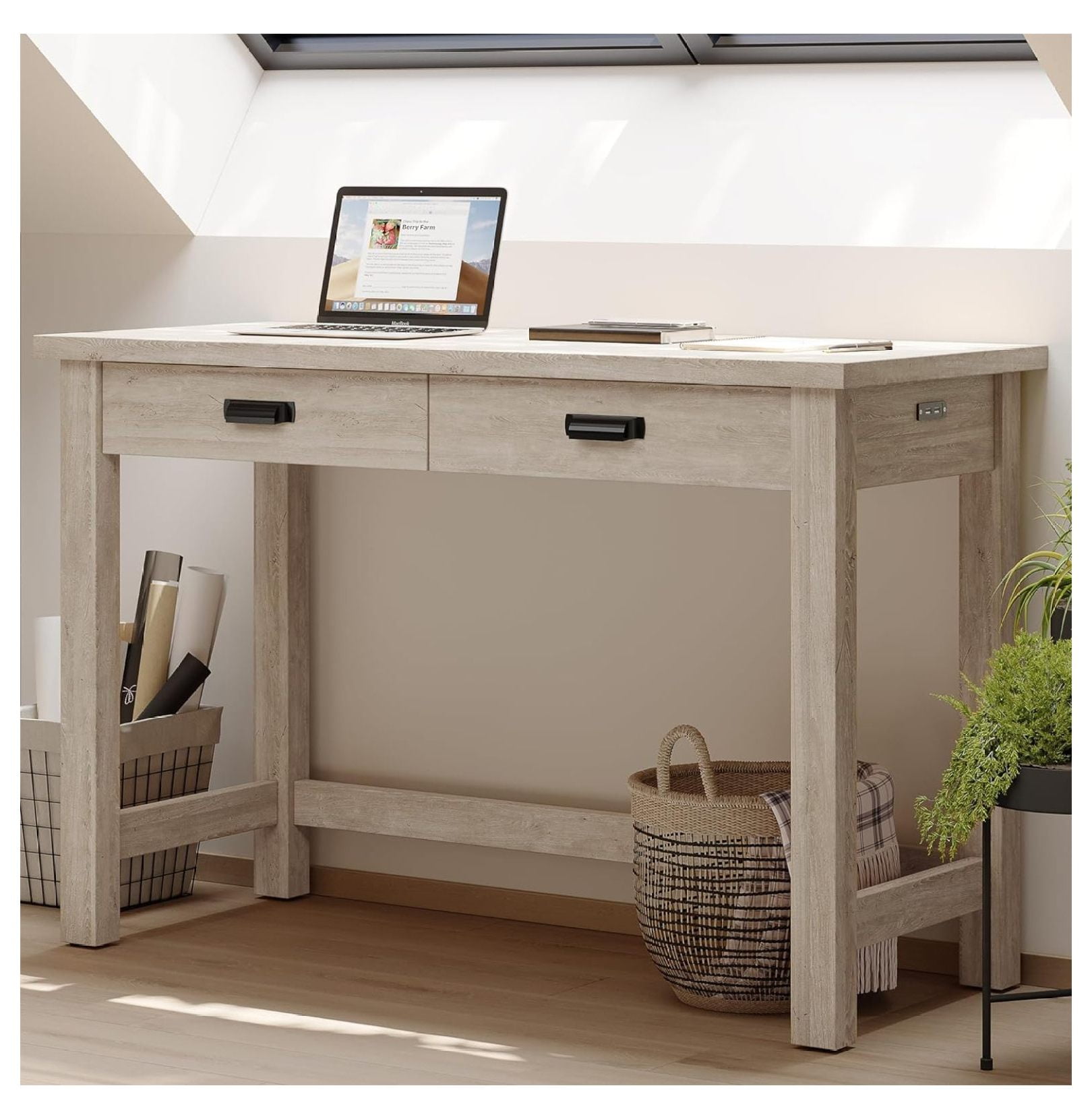 Wooden Writing Desk with Drawers and USB Ports, 47 Inches Computer Desk ...