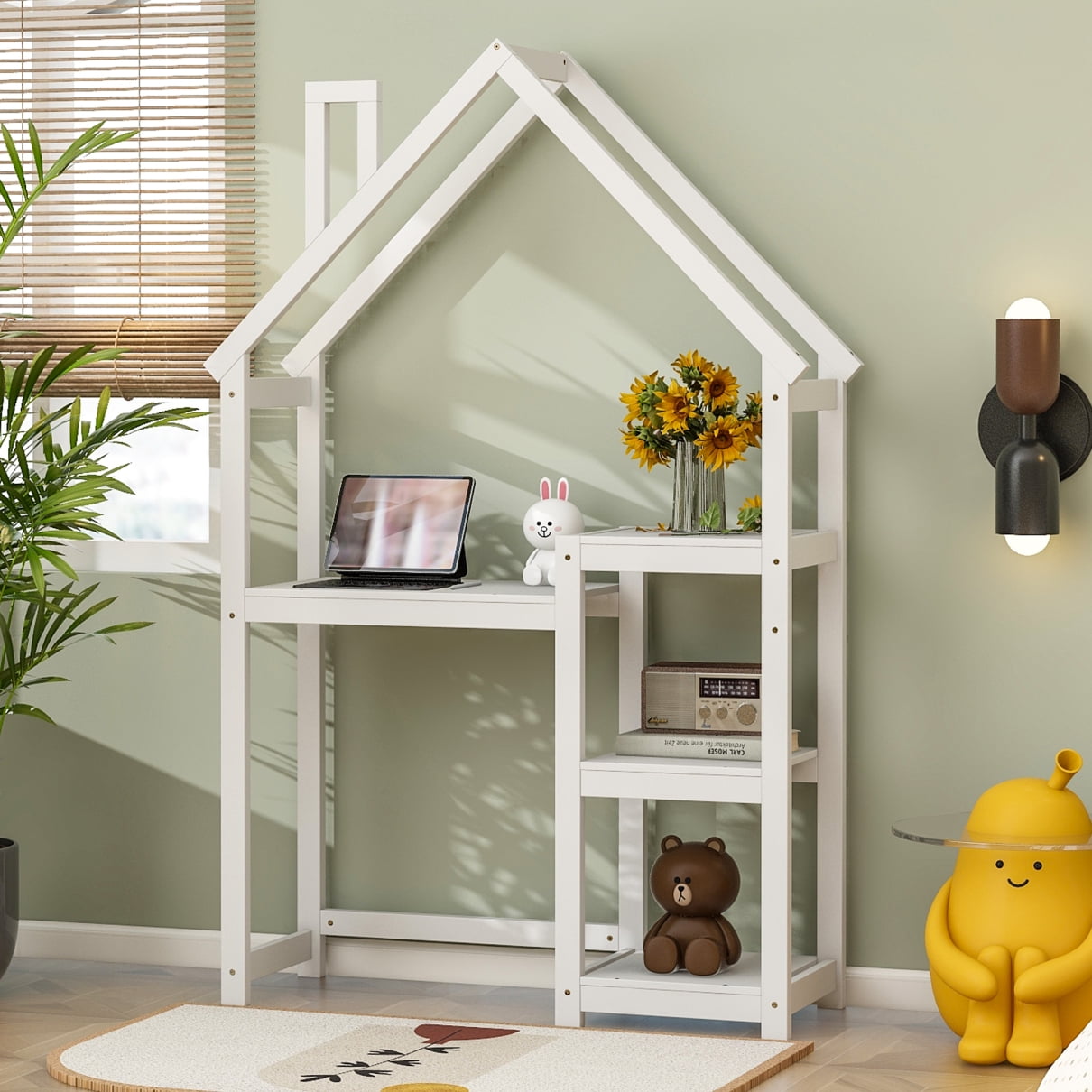 Wooden Writing Desk, House-Shaped Kids Study Table with 3-Tiers Shelves ...