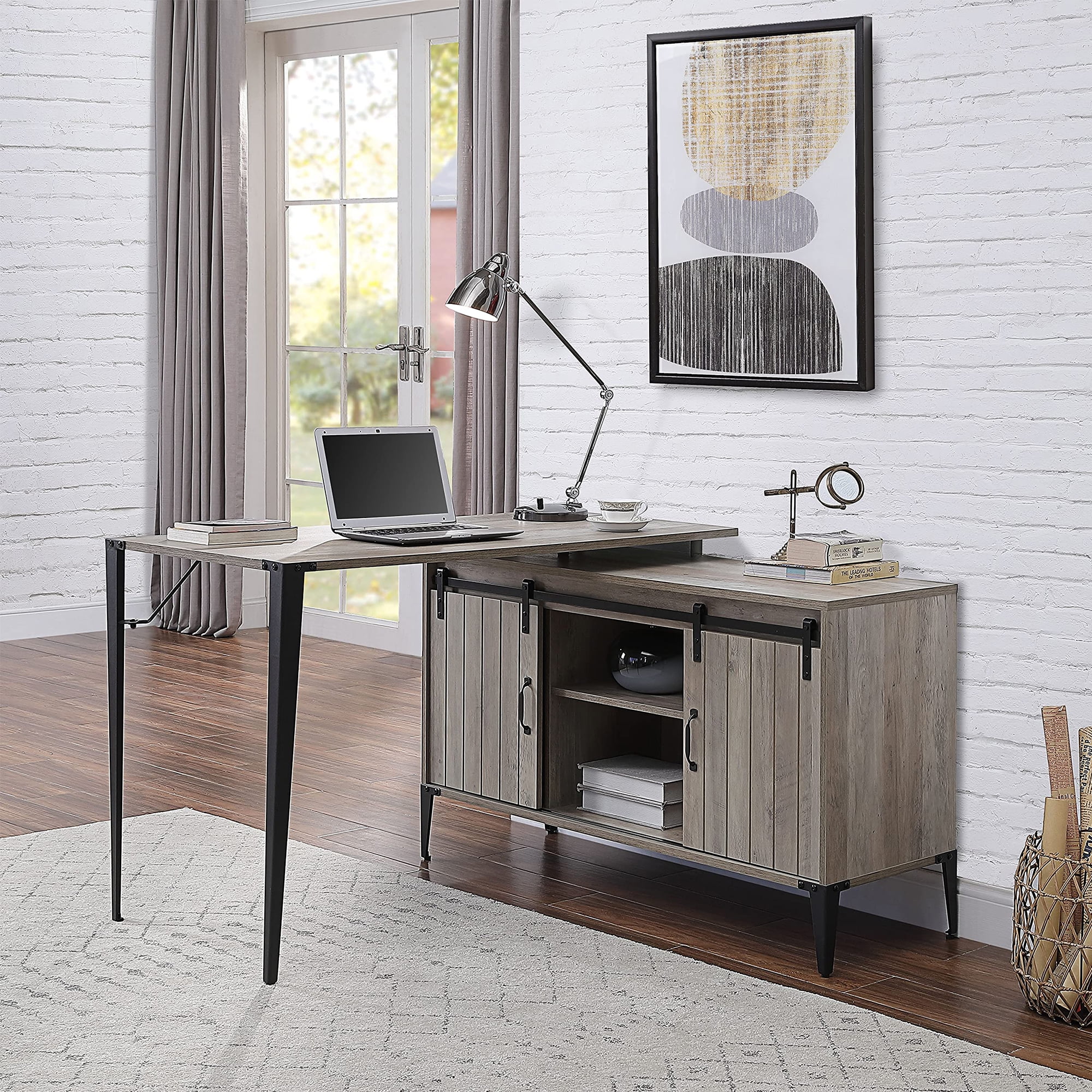 Wooden Writing Desk with Storage in Gray Oak and Black - Walmart.com