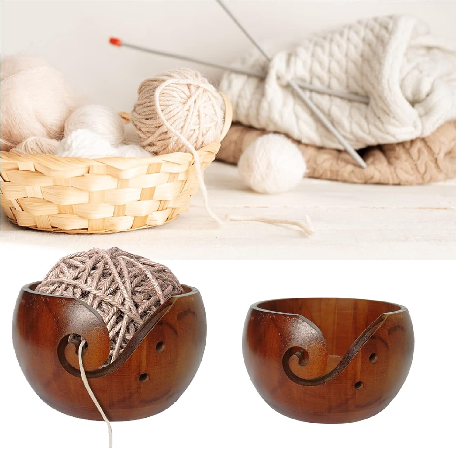 Wooden Yarn Bowl with Holes Holder - Yarn Holder Knitting Bowls ...