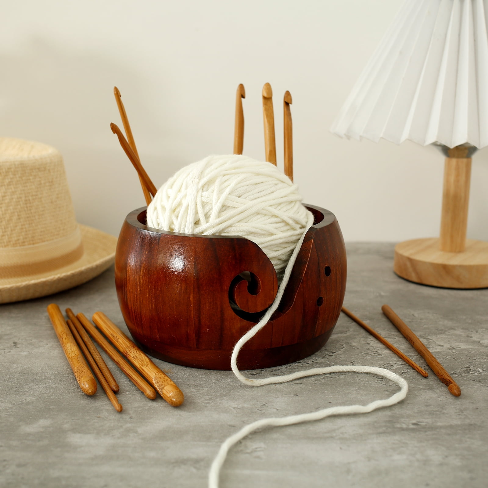 Wooden Yarn Bowl with 12 Pcs Crochet Hooks Yarn Bowl Holder Wood Yarn ...