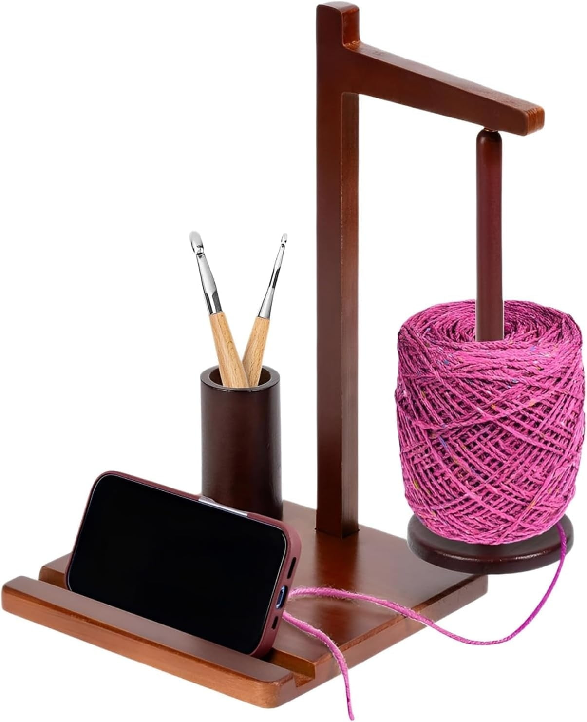 Yarn Holder for Crocheting and Knitting with Phone Stand, Wooden Yarn ...