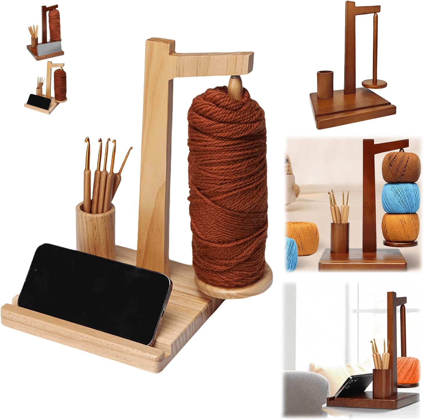 Wooden Yarn Holder for Crocheting, Wooden Yarn Holder with Phone Stand ...