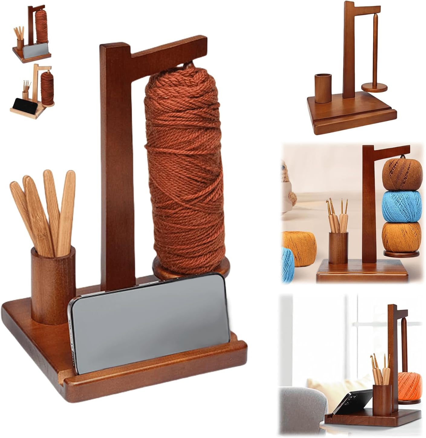 Wooden Yarn Holder for Crocheting, Wooden Yarn Holder with Phone Stand ...