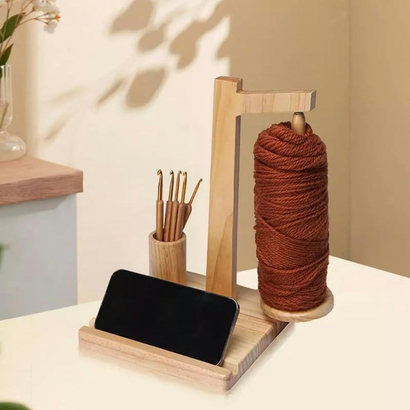 Wooden Yarn Holder with Phone Stand Rotating Yarn Spinner Stand ...