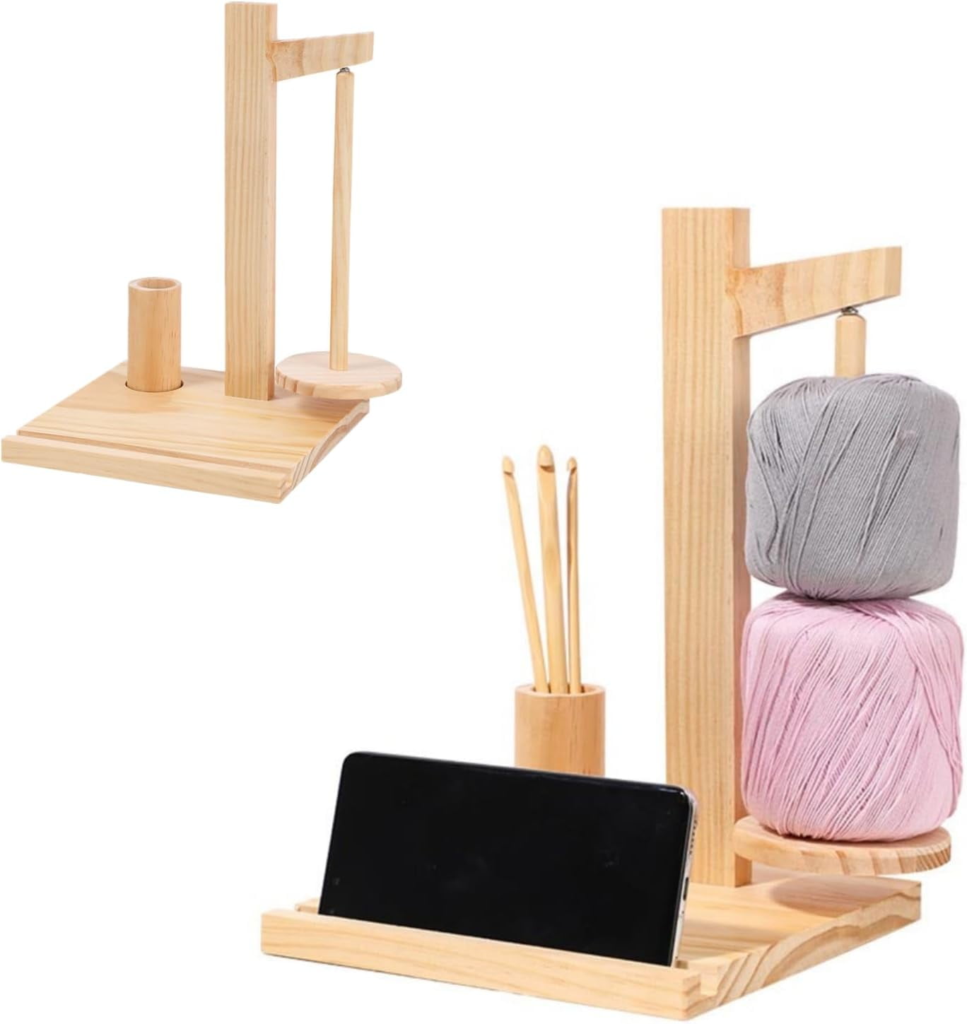 Wooden Yarn Holder with Phone Stand, Wood Yarn Spool Rack for ...