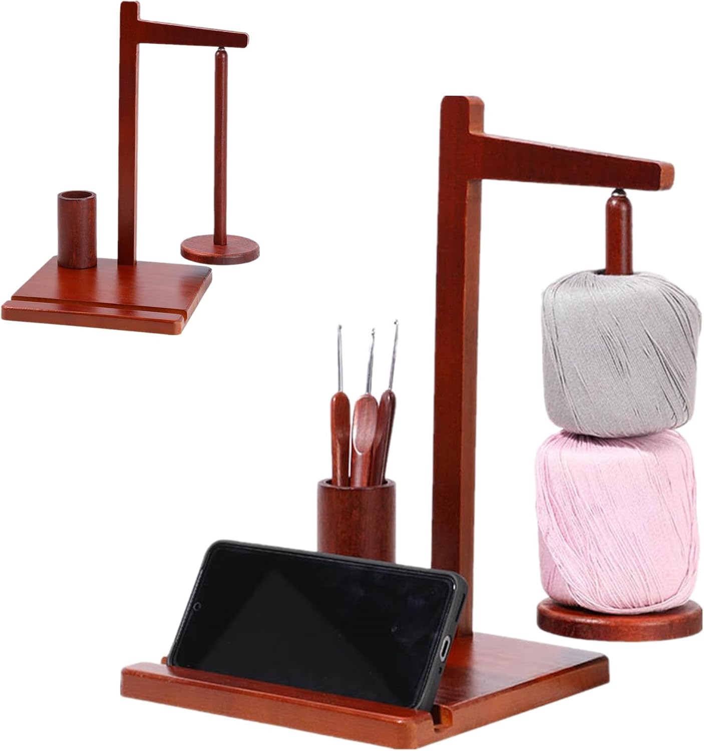 Wooden Yarn Holder with Phone Stand, Wood Yarn Spool Rack for ...