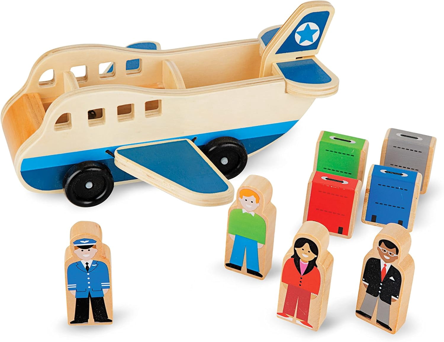Wooden airplane toy set with 4 toy figures and 4 suitcases - Walmart.com