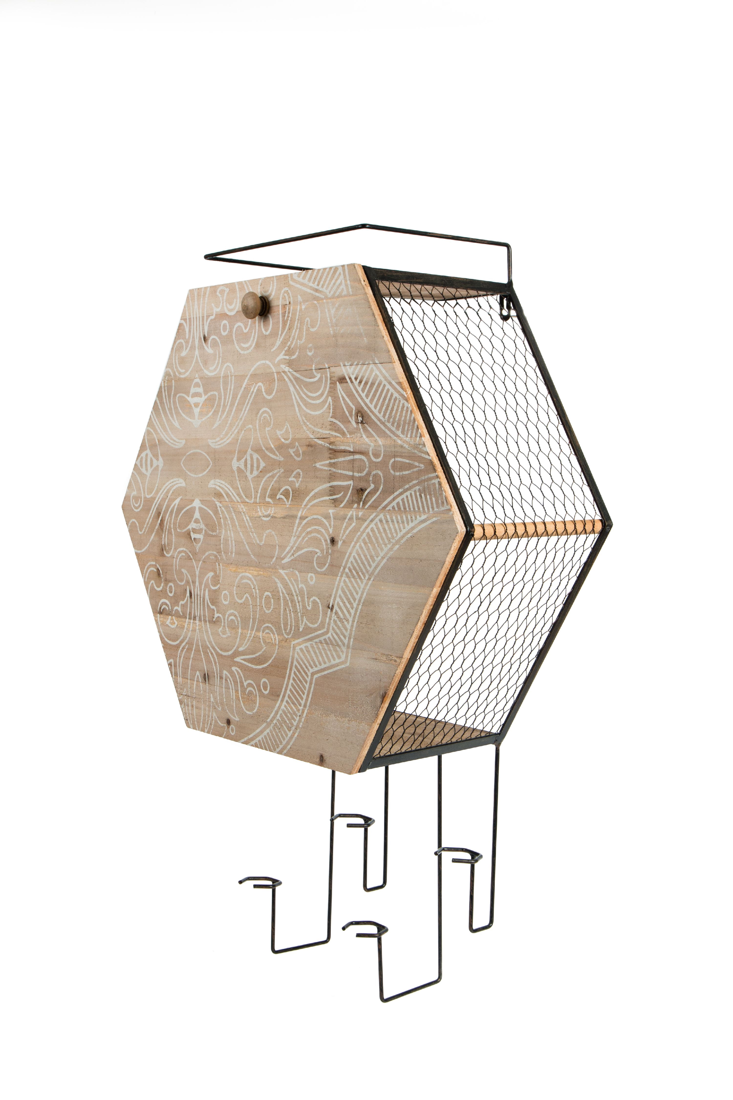 Wooden and Metallic Wall Bar with Honeycomb and Chicken Wire Acccents ...