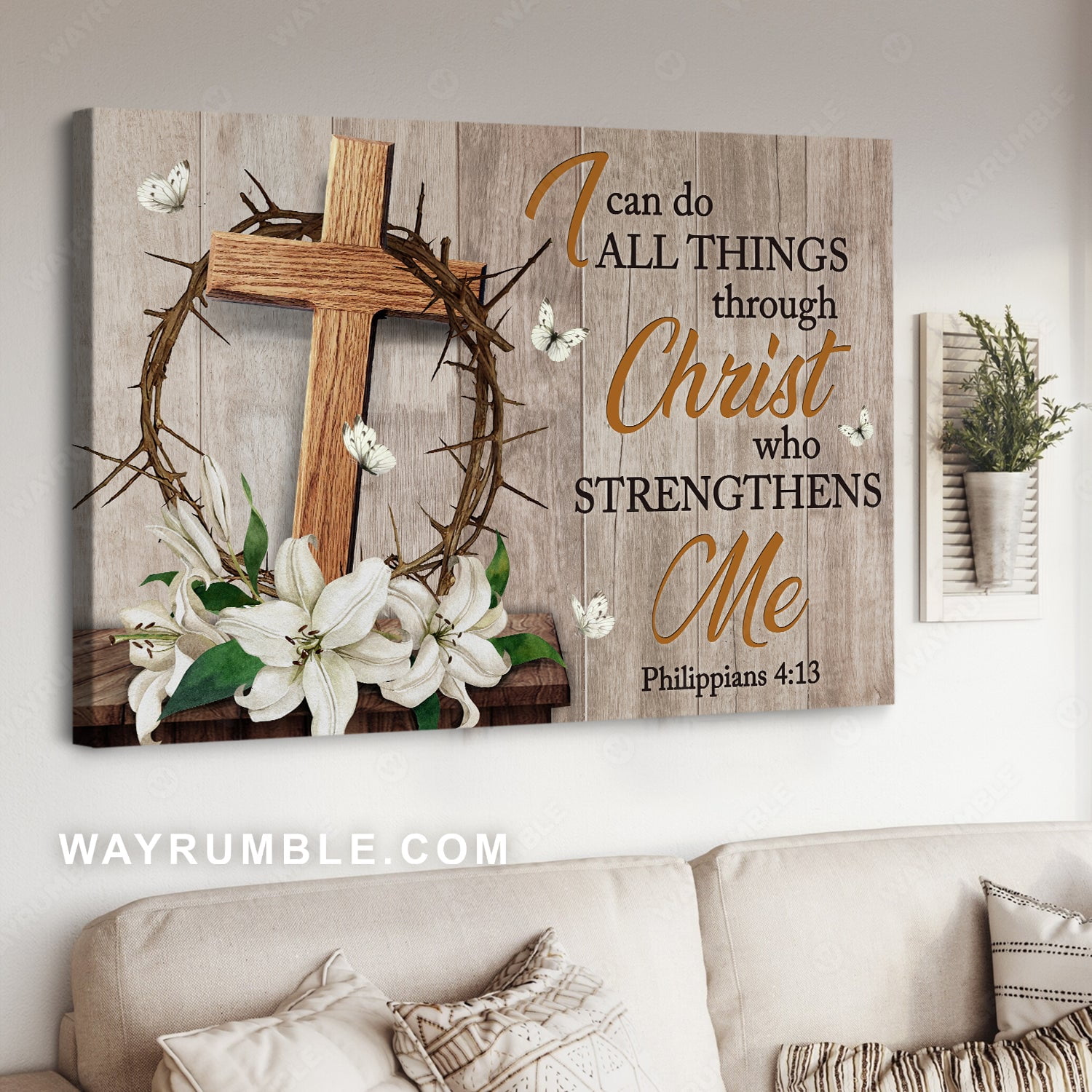 Wooden cross, Thorn crown, White lily, I can do all things - Jesus Landscape poster Prints ...