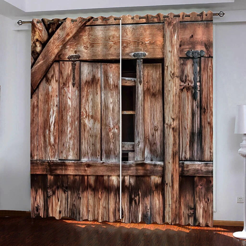 Wooden door pattern digital print curtain Living Room Bedroom Personality Home decoration 90g ...