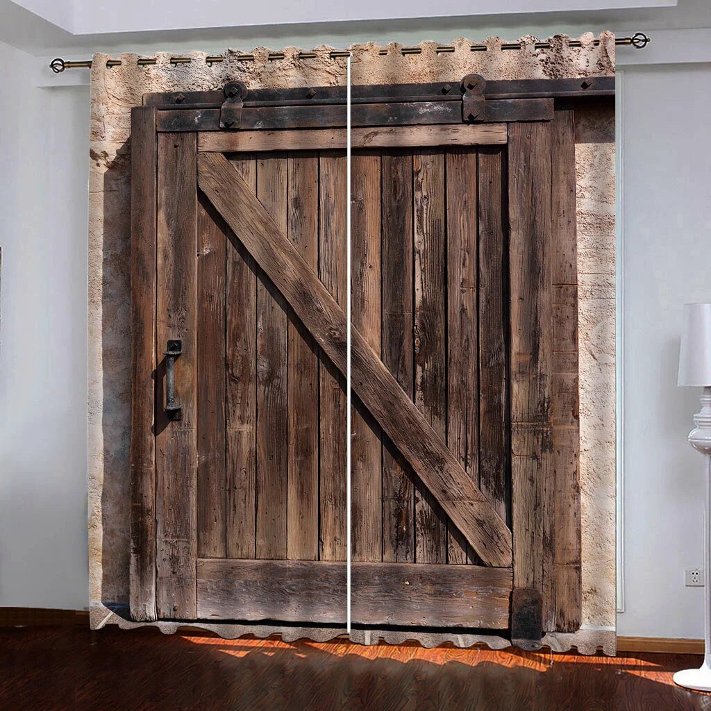 Wooden door pattern digital print curtain Living Room Bedroom ...
