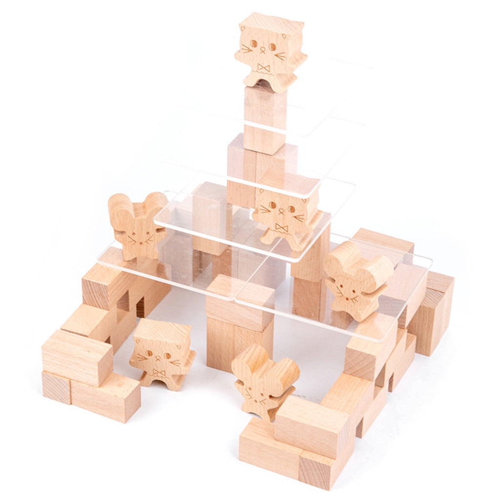 Wooden for Cat Mouse Game Toy Sensory Stacking Block Tower Balance for ...