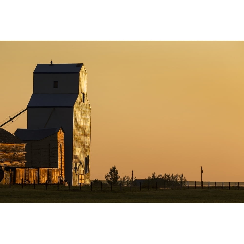 Wooden grain elevator refecting the orange glow of sunrise; Mossleigh ...