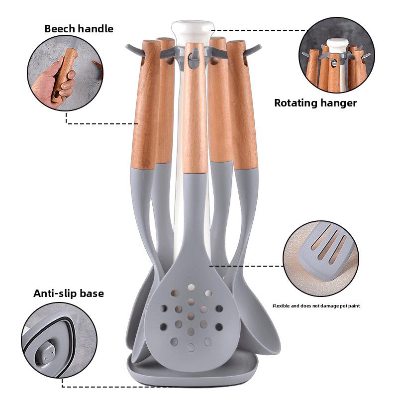 Wooden handle silicone kitchenware 6-piece set non-stick cooking ...