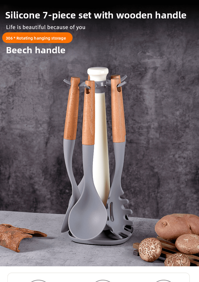 Wooden handle silicone kitchenware 6-piece set non-stick cooking ...