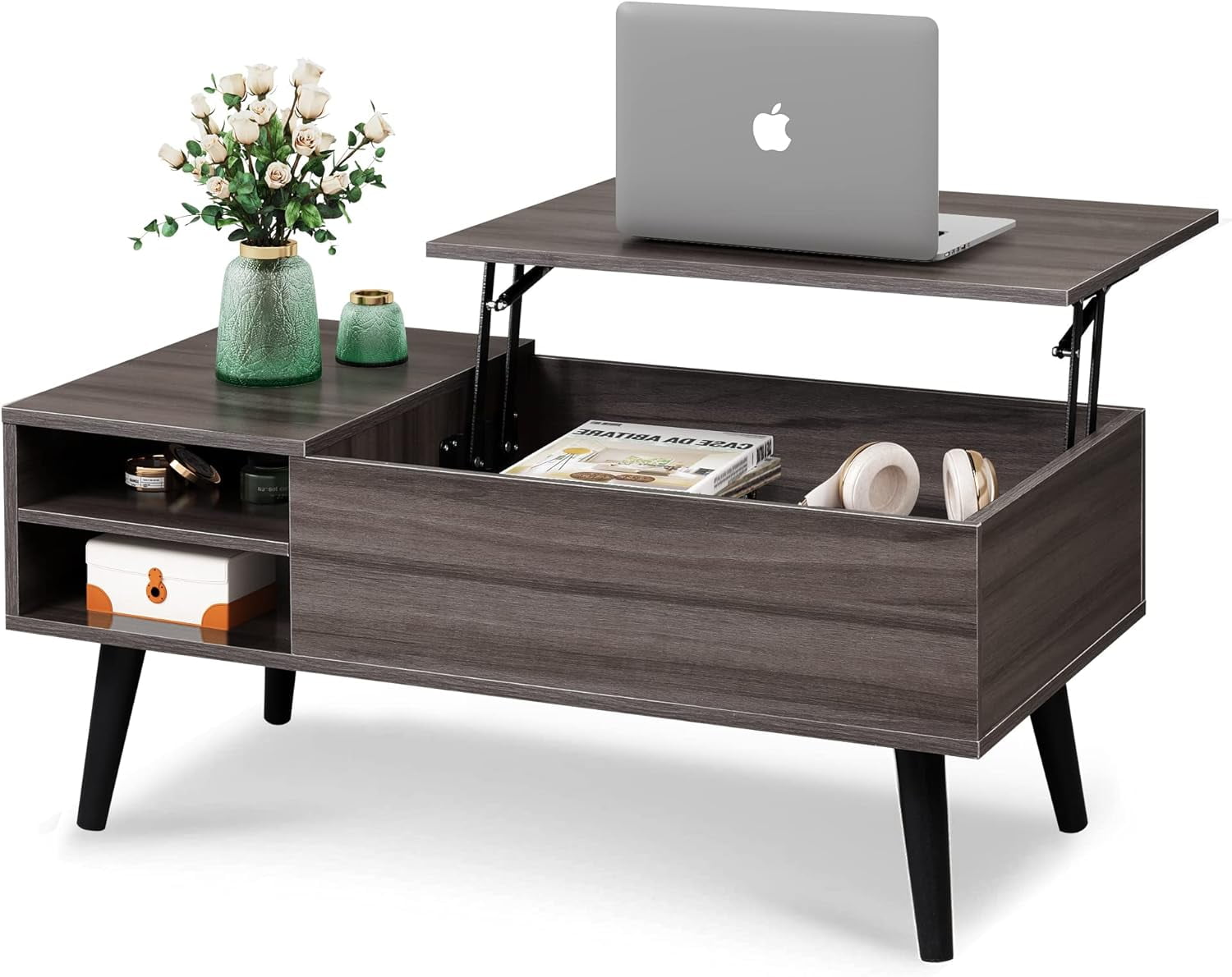 Wooden pop-up coffee table with hidden compartments and adjustable ...