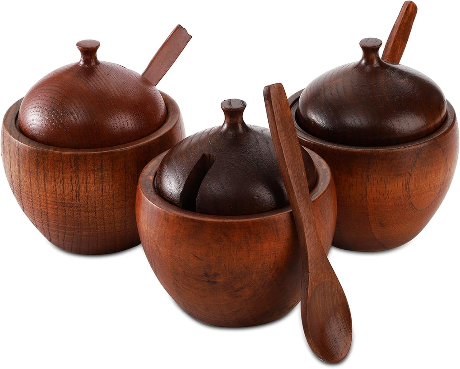 Wooden salt box spice jar, natural wooden salt jar with lid and spoon, sugar jar pepper ...