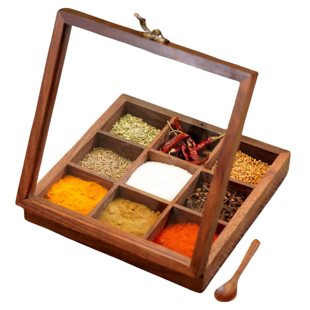 Wooden spice box with 5 pure and natural kitchen essential spices pre ...