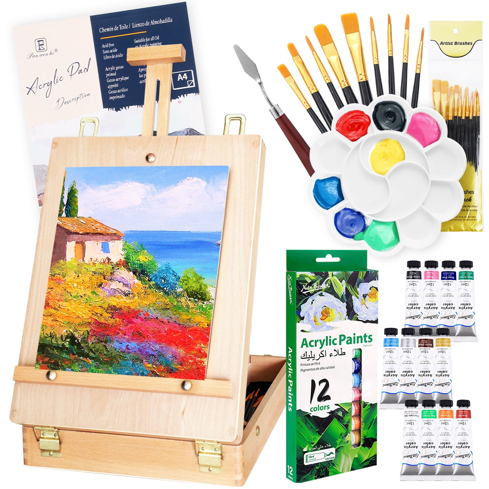 Hzruilite Wooden Tabletop Art Easel, Acrylic Paint Set, Brushes ...