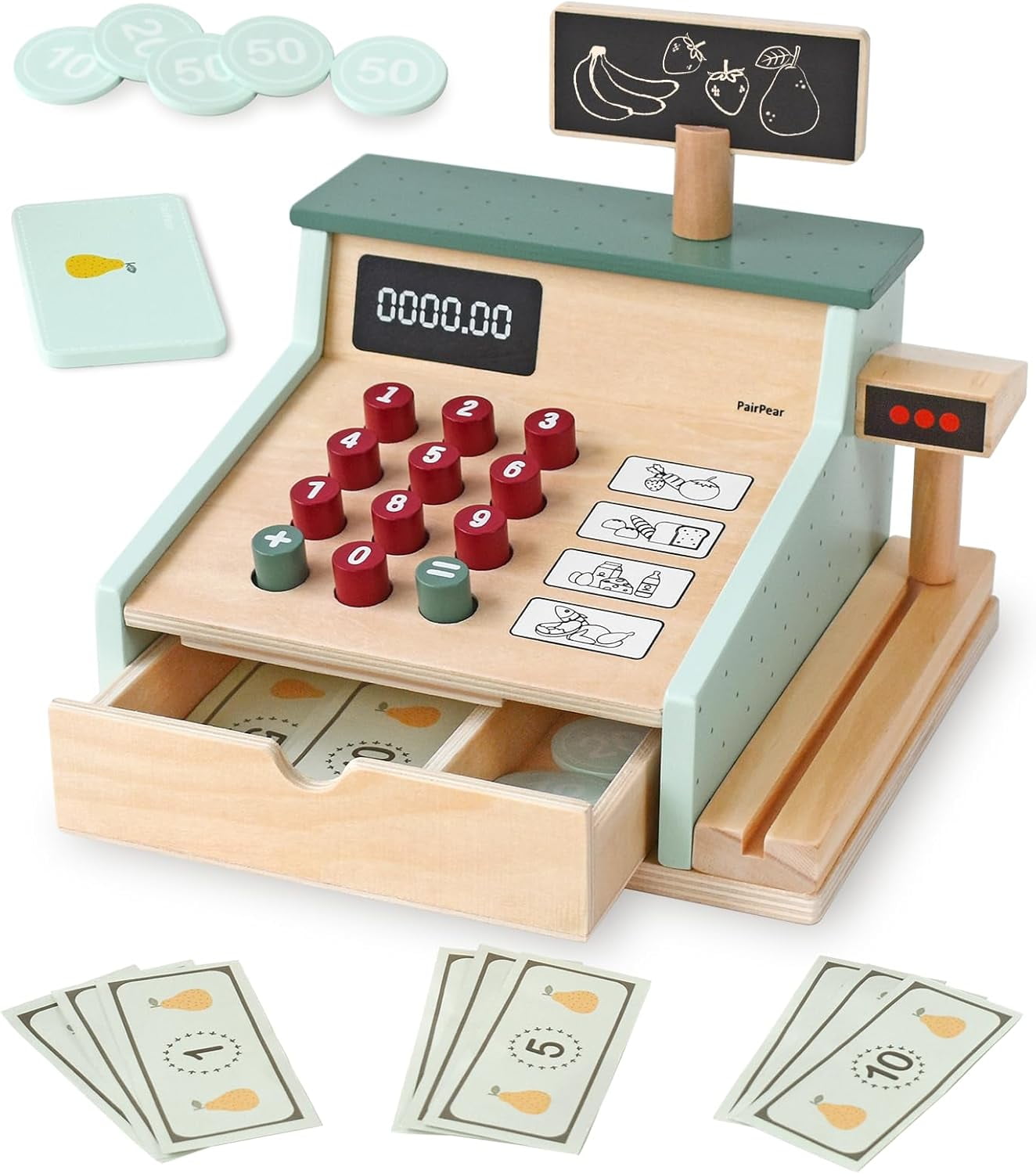 Wooden toy cash register, kids pretend to play with money toys with ...