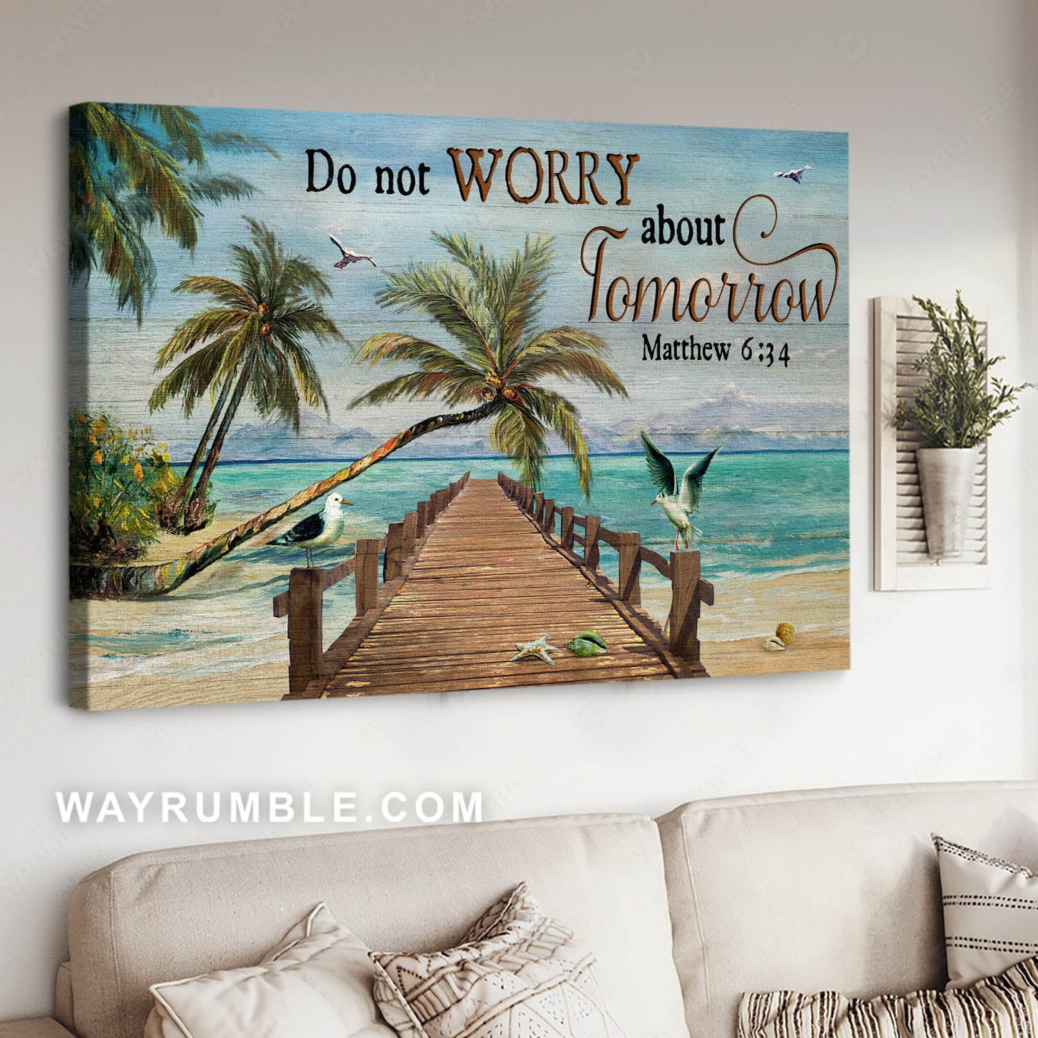 Wooden walkway, Blue ocean, Coconut tree, Seagull drawing, Do not worry ...