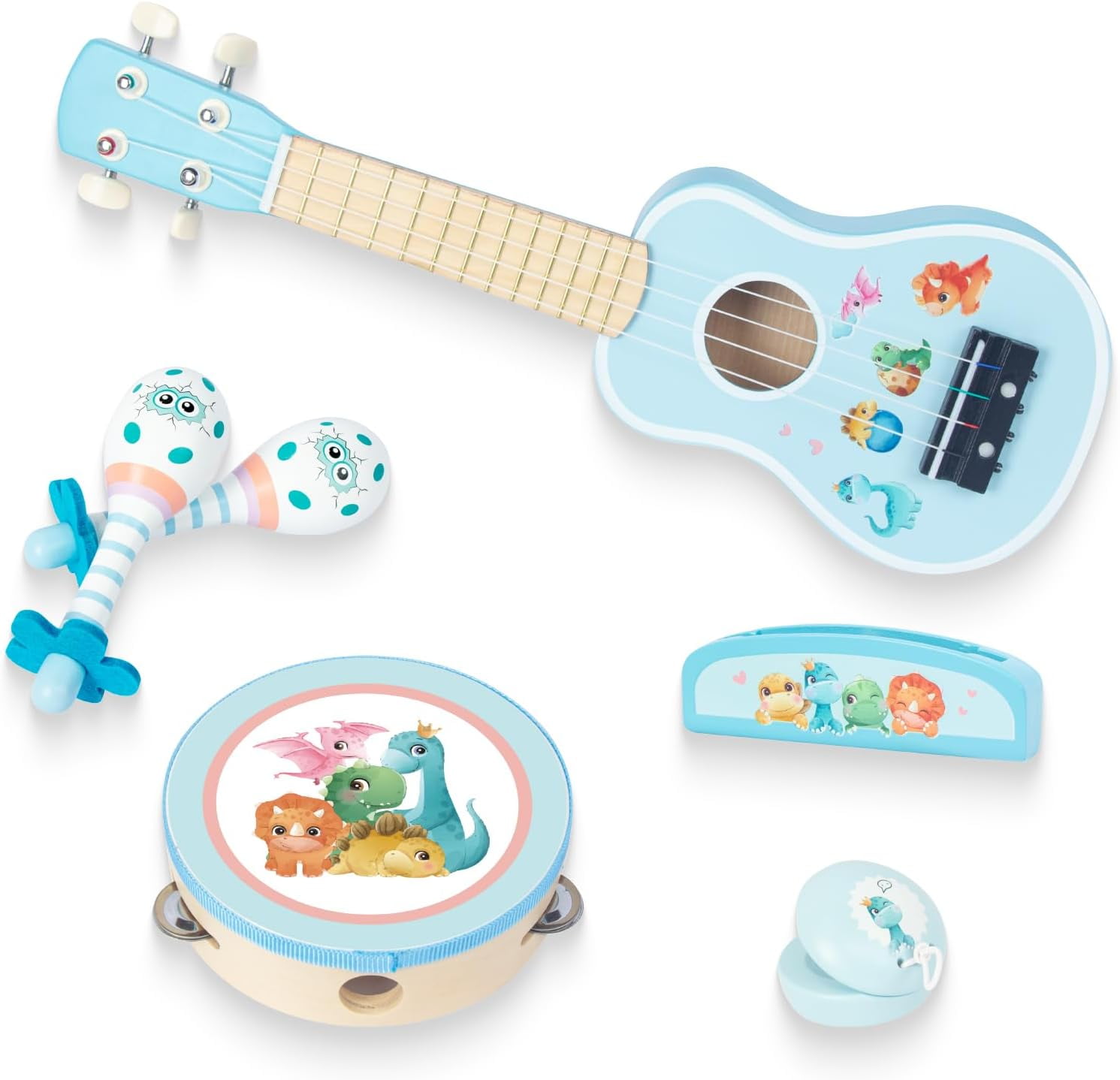 WoodenEdu Kids Music Set: Ukulele, Tambourine, Maracas, Harmonica for ...