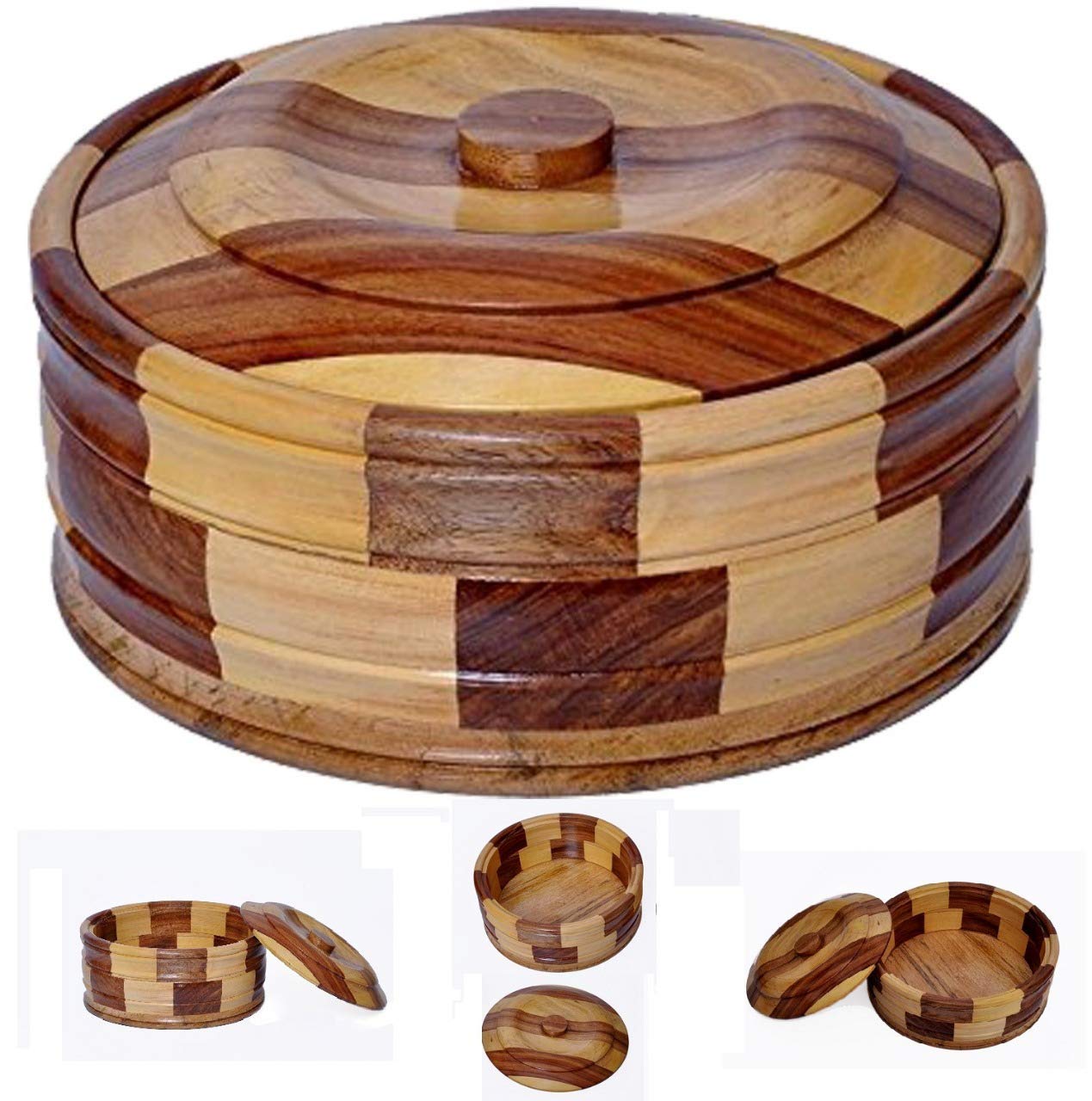Woodenclave Solid Sheesham Wood Hot Pot Roti Box Set Casserole Sets ...