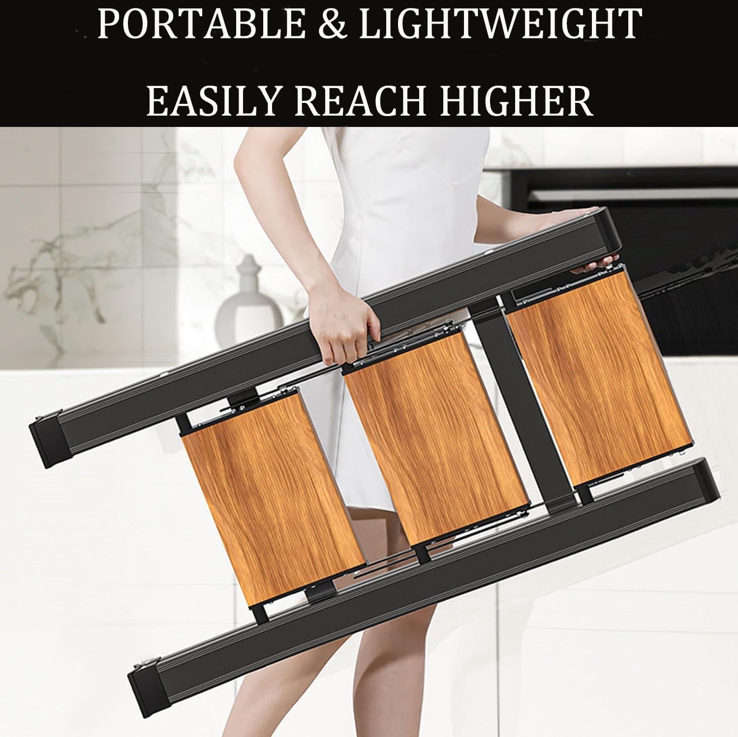 Woodgrain Aluminum 3 Step Folding Ladder with Anti-Slip Pedal ...