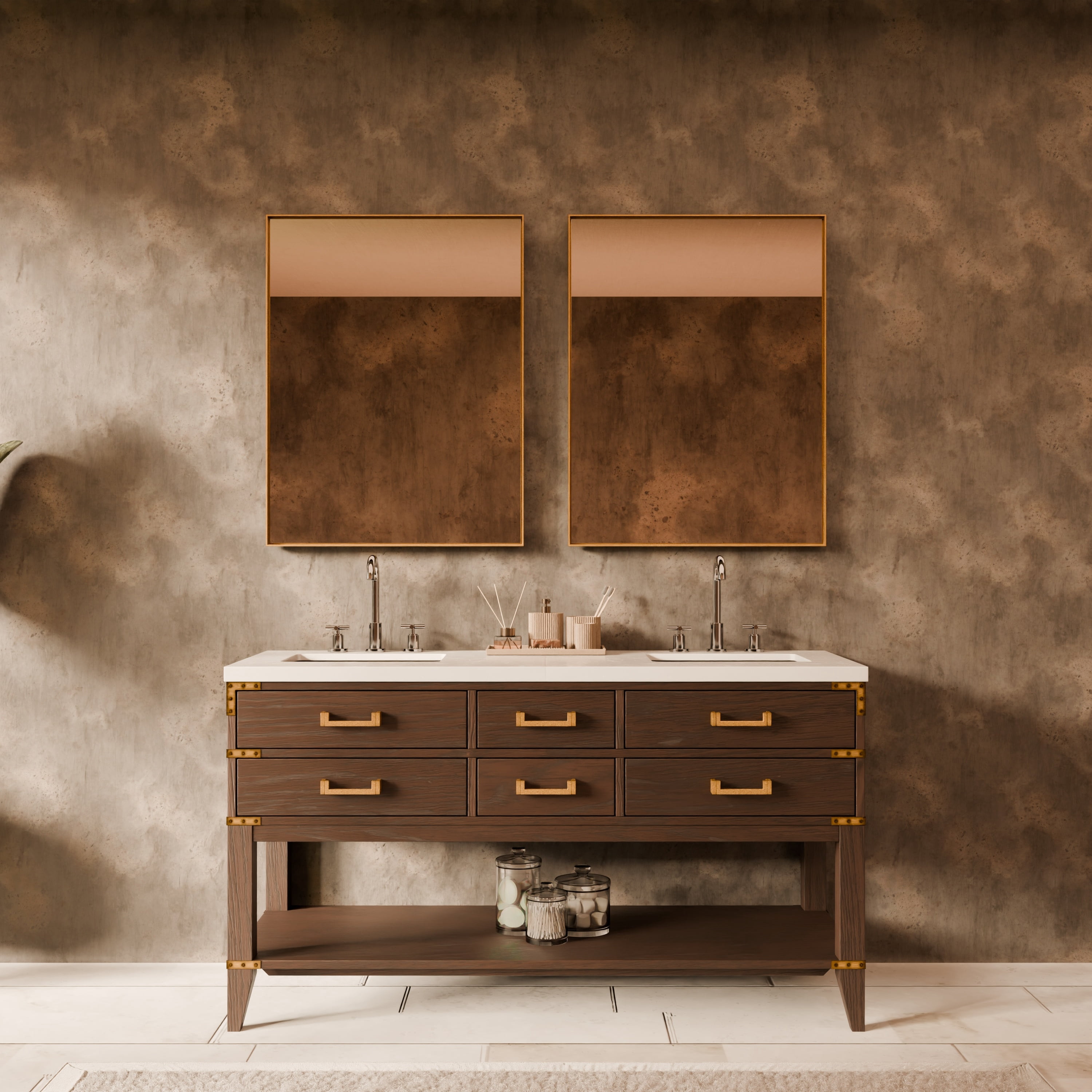 Woodhaven 60 in W x 22 in D Brown Oak Double Bath Vanity and White ...