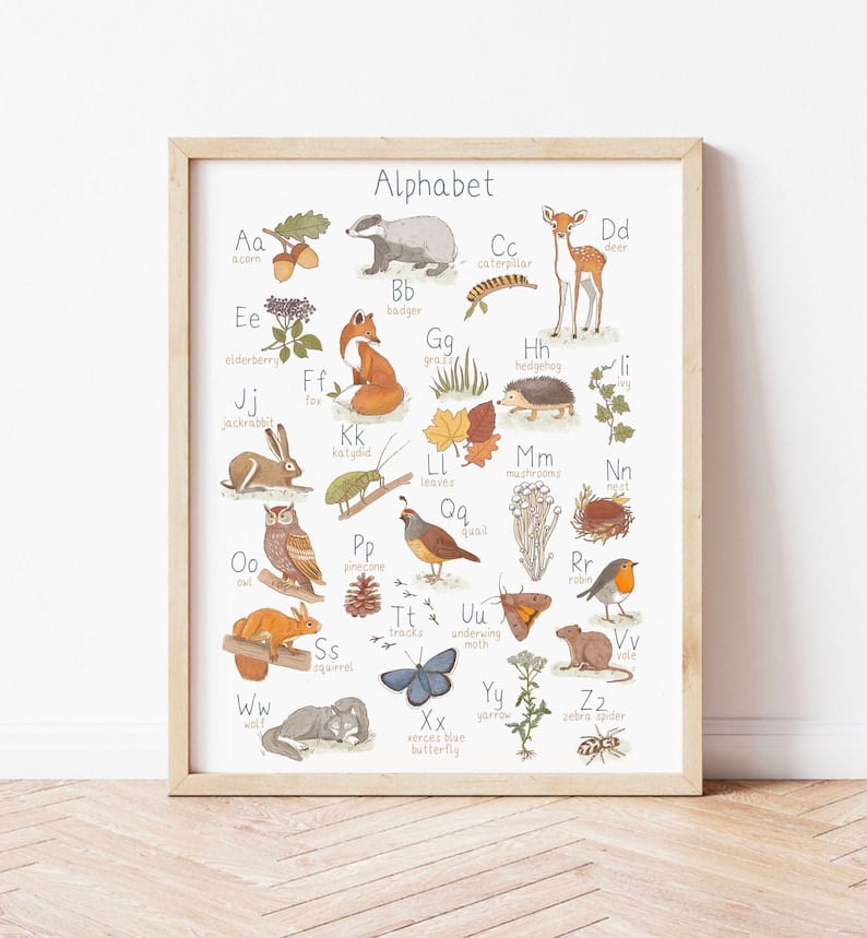 Woodland Alphabet Poster Woodland Animals Nursery Montessori ABC Kids ...