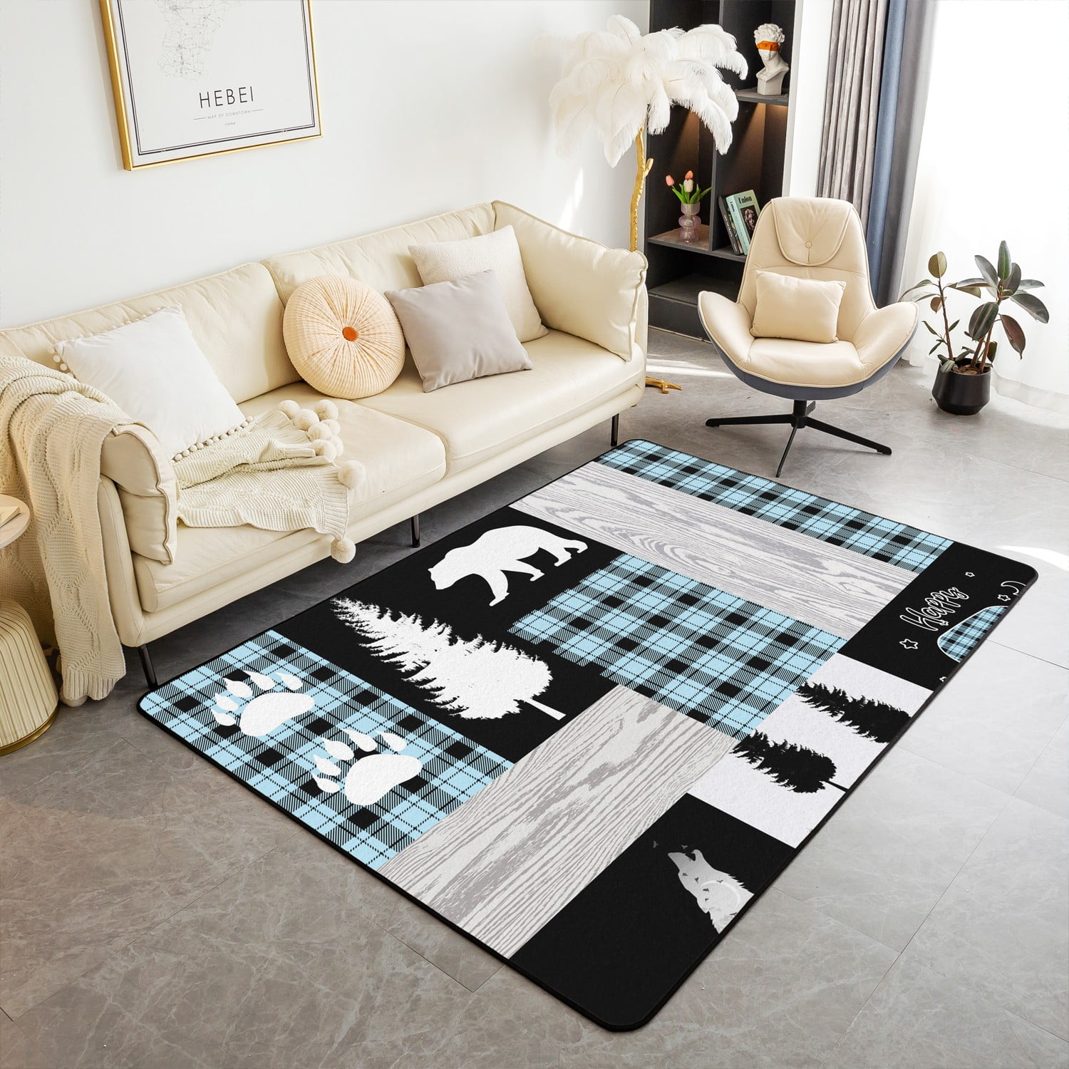 Woodland Animal Area Rug 3x5 for Living Room,Buffalo Plaid Mint Green ...