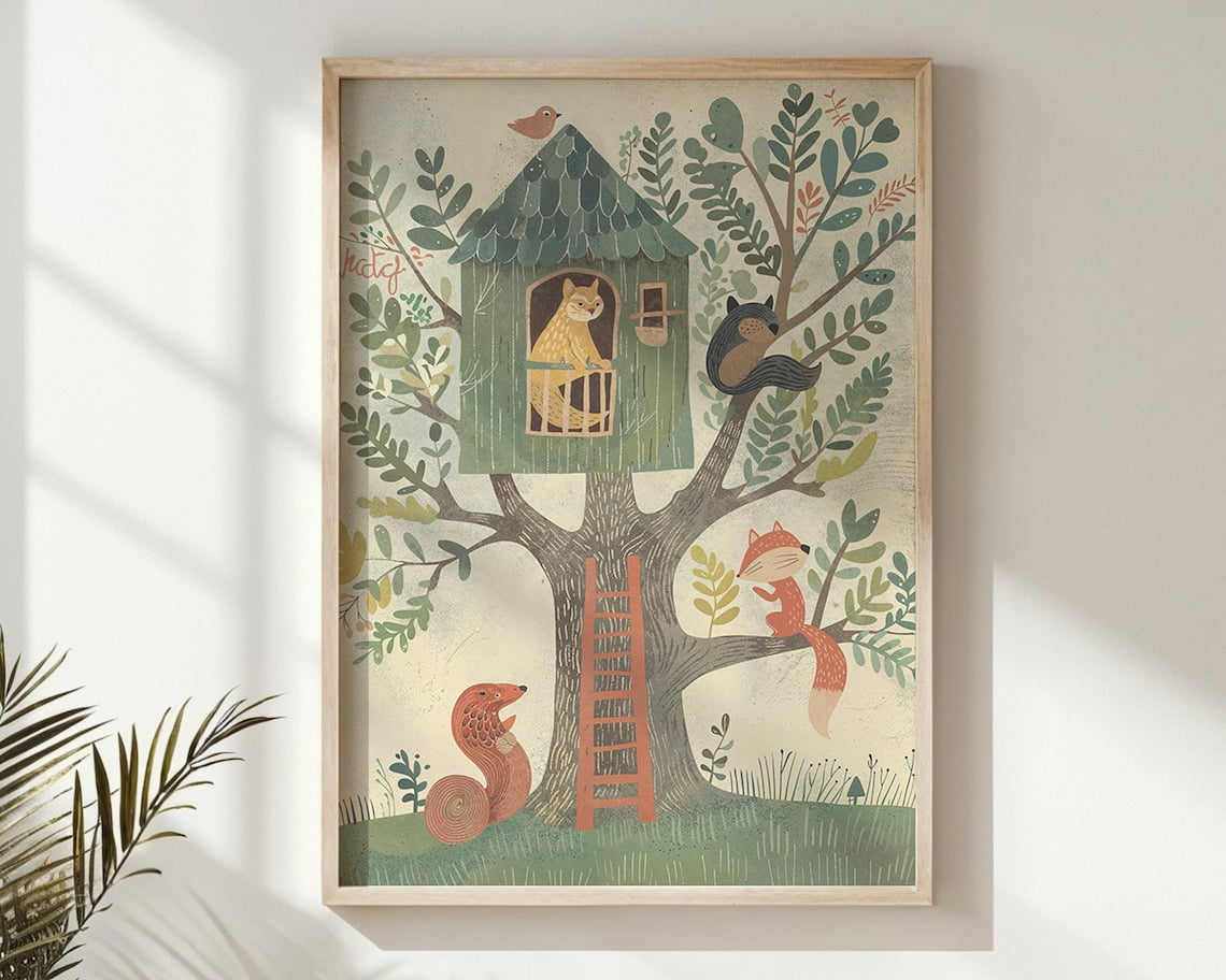 Woodland Animal Treehouse Nursery Wall Art, Kids Forest Friends Poster ...