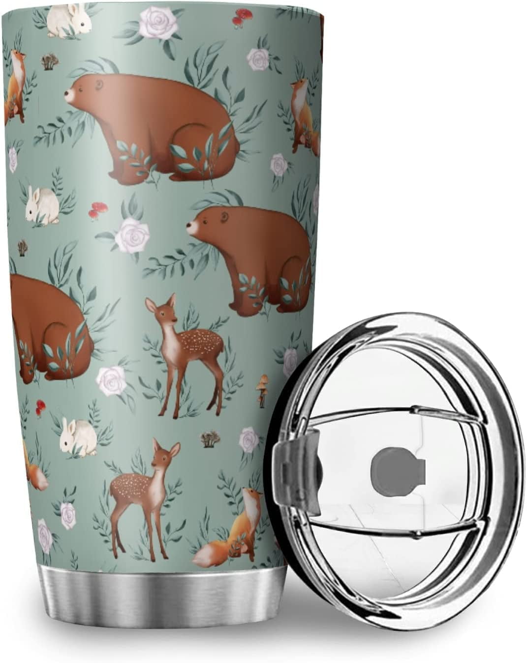 Woodland Animals 20oz Tumbler with Lid Cartoon Bear Deer Fox Bunny ...