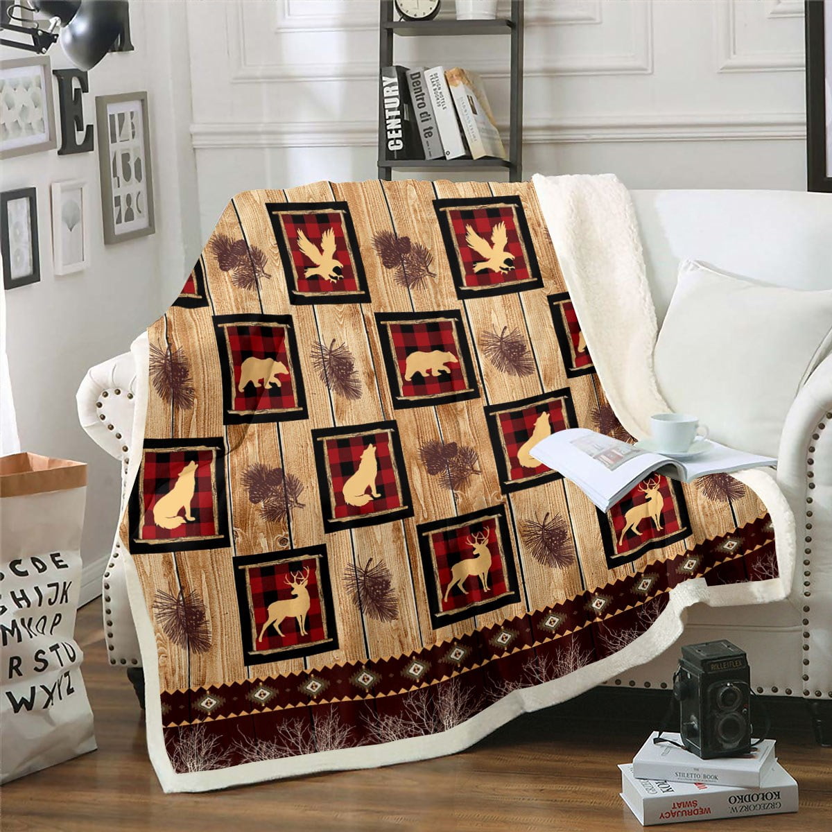 Woodland Animals 40"x50" Throw Blanket ,Lodge Cabin Checkered Buffalo ...