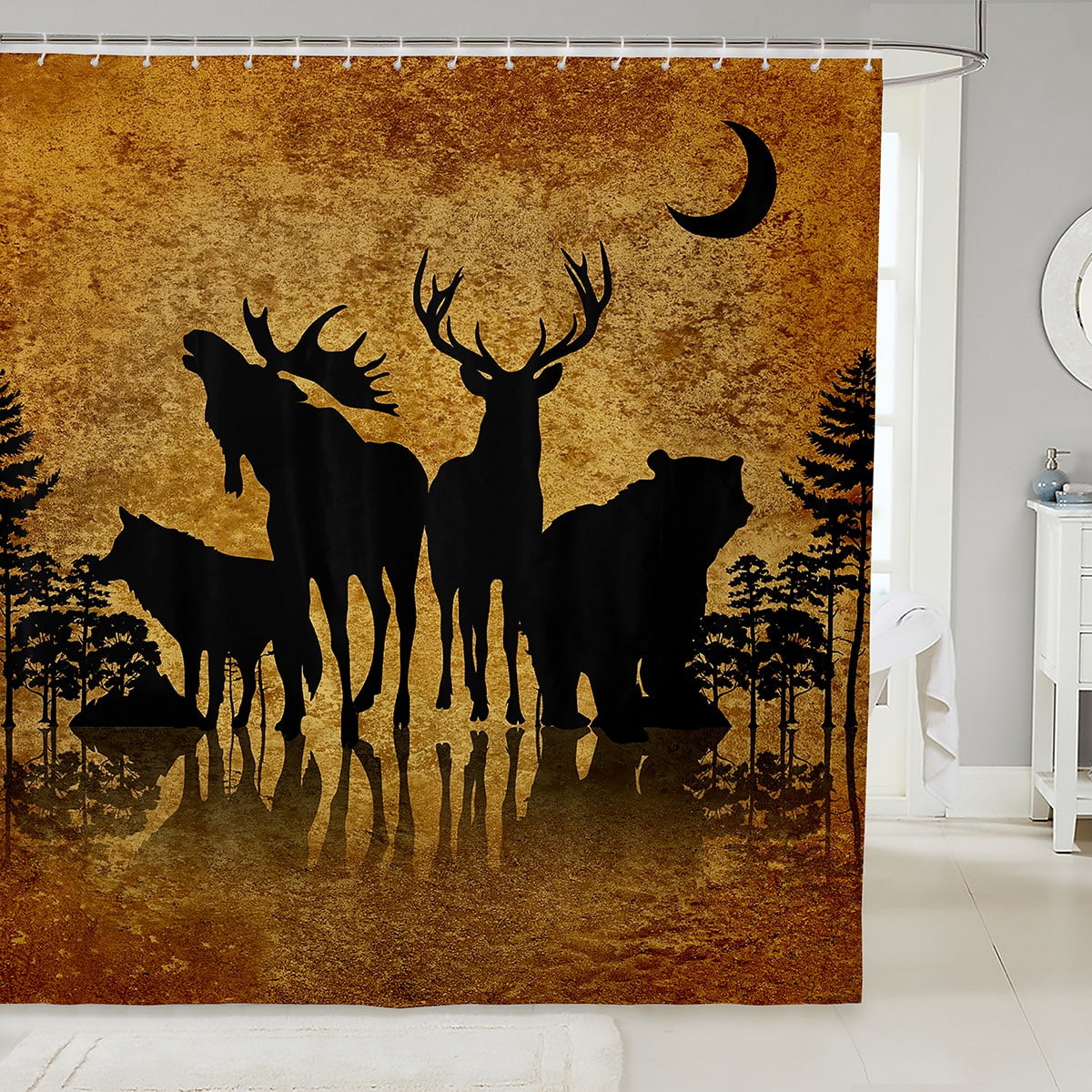 Woodland Animals Bath Curtain Bear Moose Elk Wolf Bathroom Accessories ...
