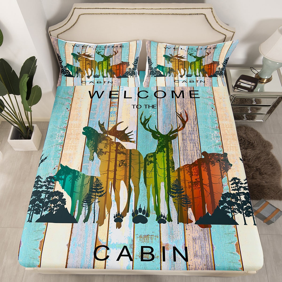 Woodland Animals Bed Sheets Lodge Cabin Bedding Set,Pine Trees Wildlife ...