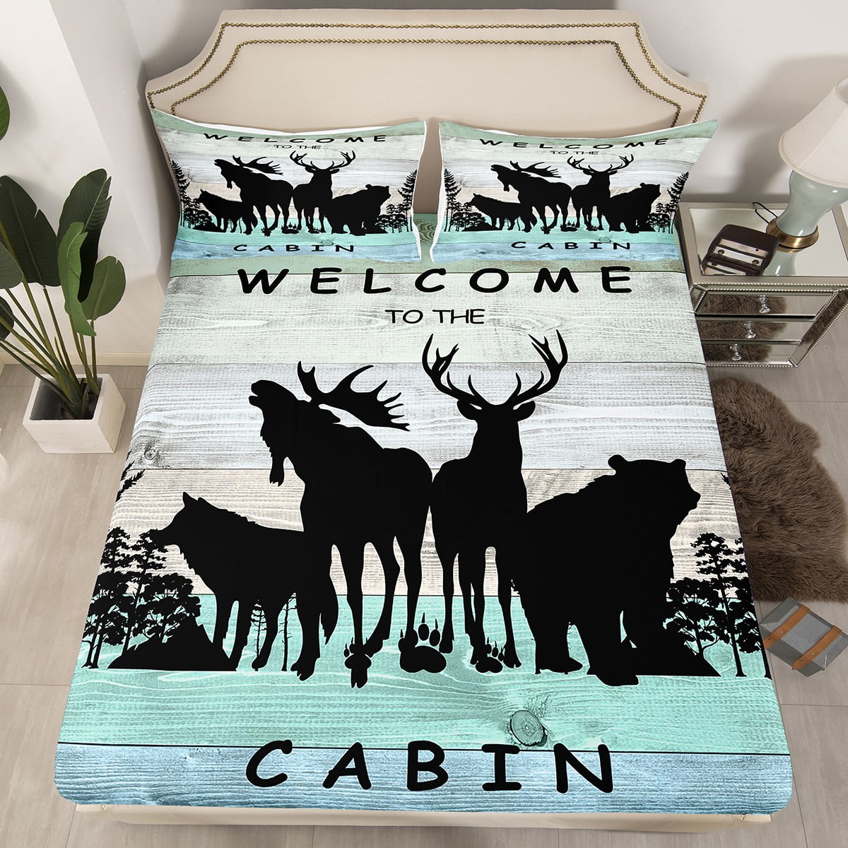 Woodland Animals Bed Sheets Lodge Cabin Bedding Set,Pine Trees Wildlife ...