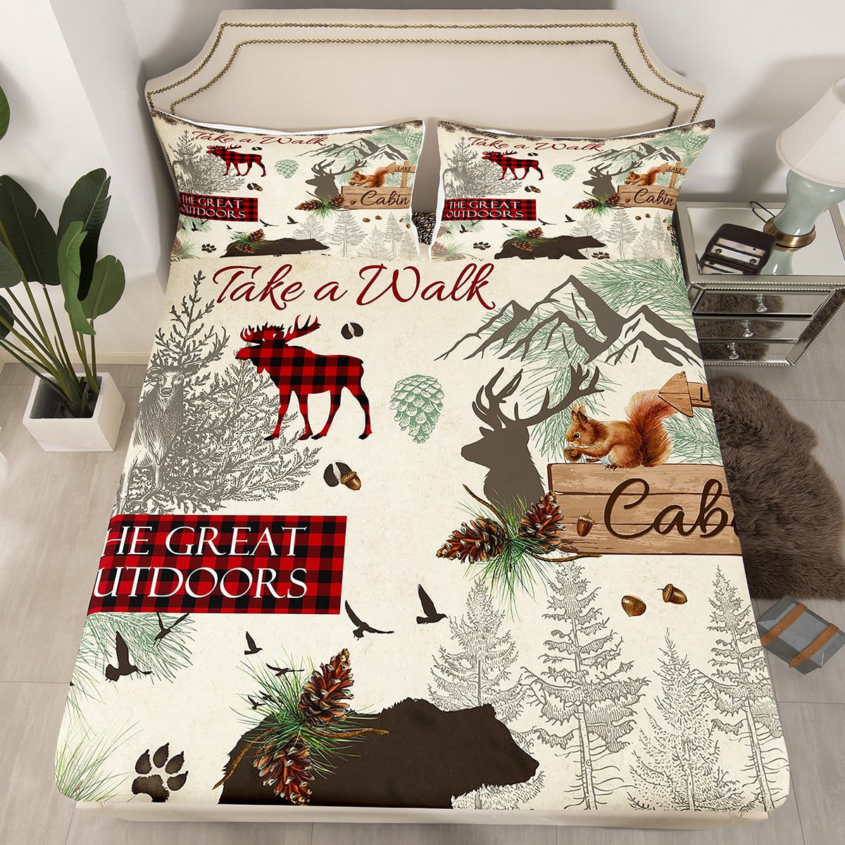 Woodland Animals Bed Sheets Lodge Cabin Fitted Sheet Full,Bear Moose ...